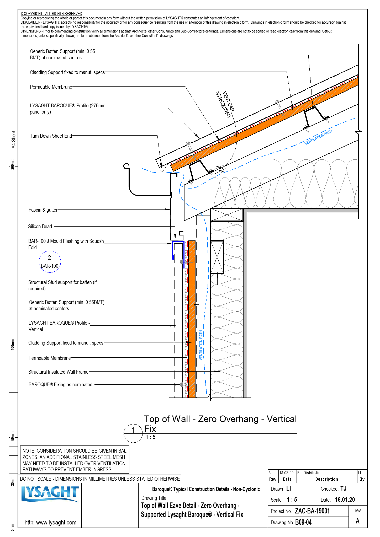 B09-04 - Top of Wall Eave Detail - Zero Overhang - Supported Lysaght ...