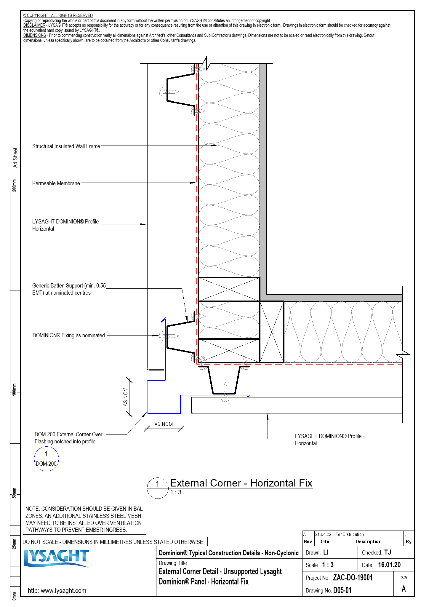 D05-01 - External Corner Detail - Unsupported Lysaght Dominion® Panel ...