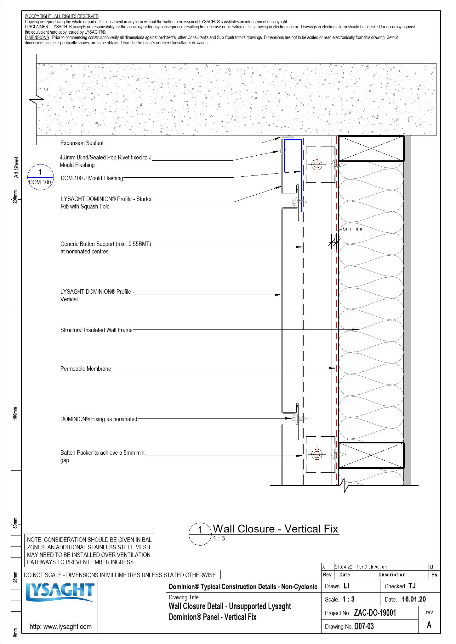 D07-03 - Wall Closure Detail - Unsupported Lysaght Dominion® Panel ...