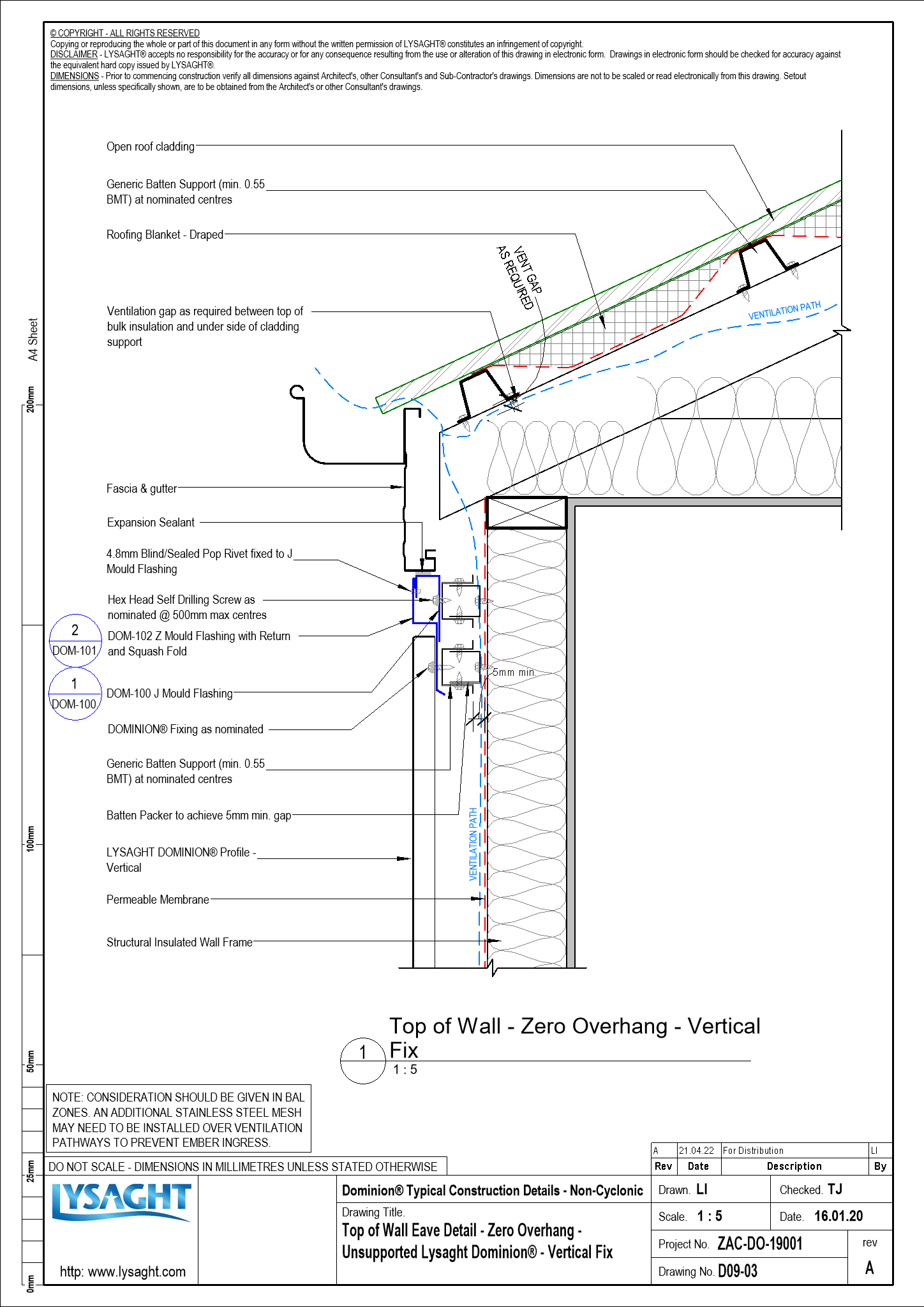 D09-03 - Top of Wall Eave Detail - Zero Overhang - Unsupported Lysaght ...
