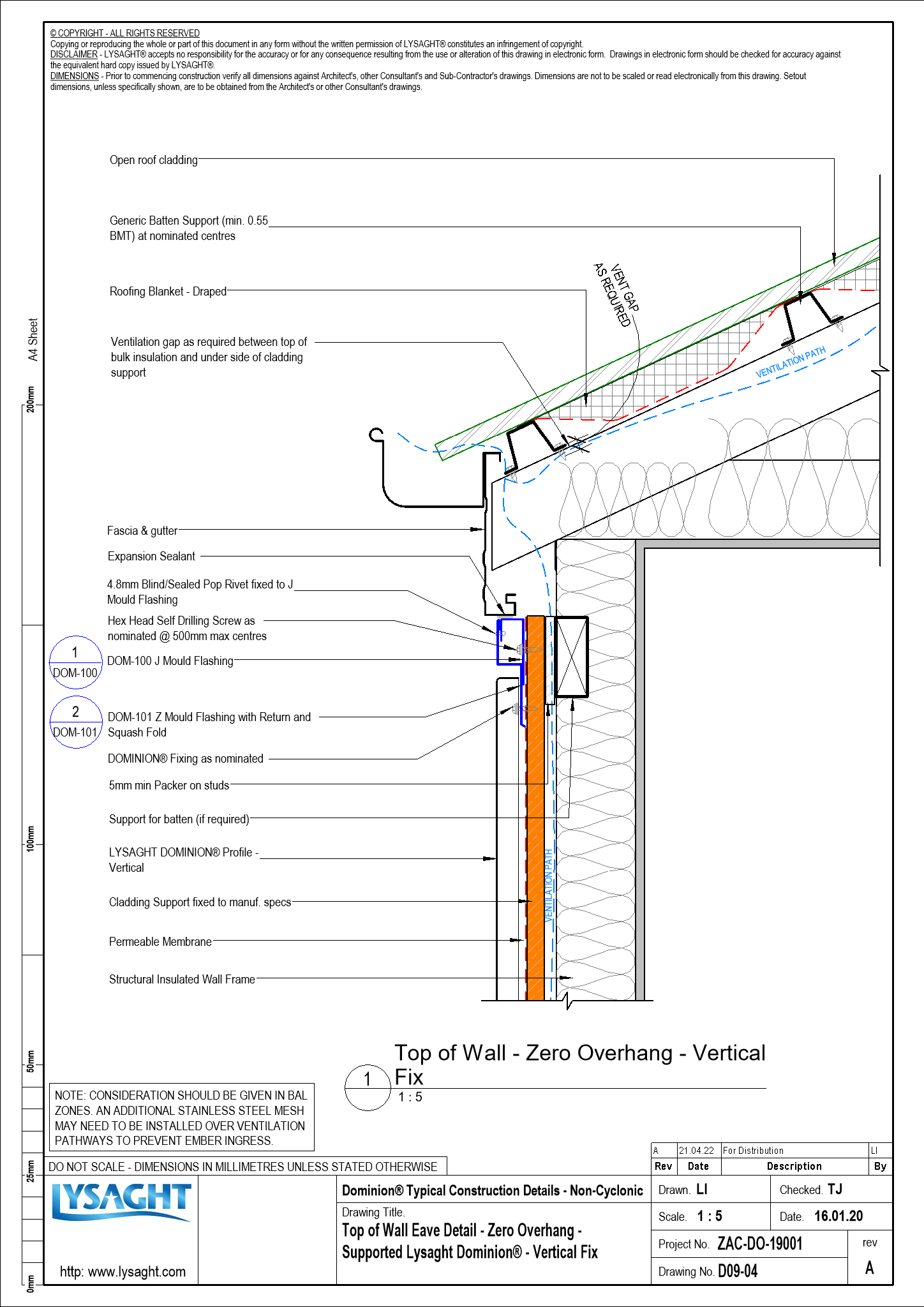 D09-04 - Top of Wall Eave Detail - Zero Overhang - Supported Lysaght ...