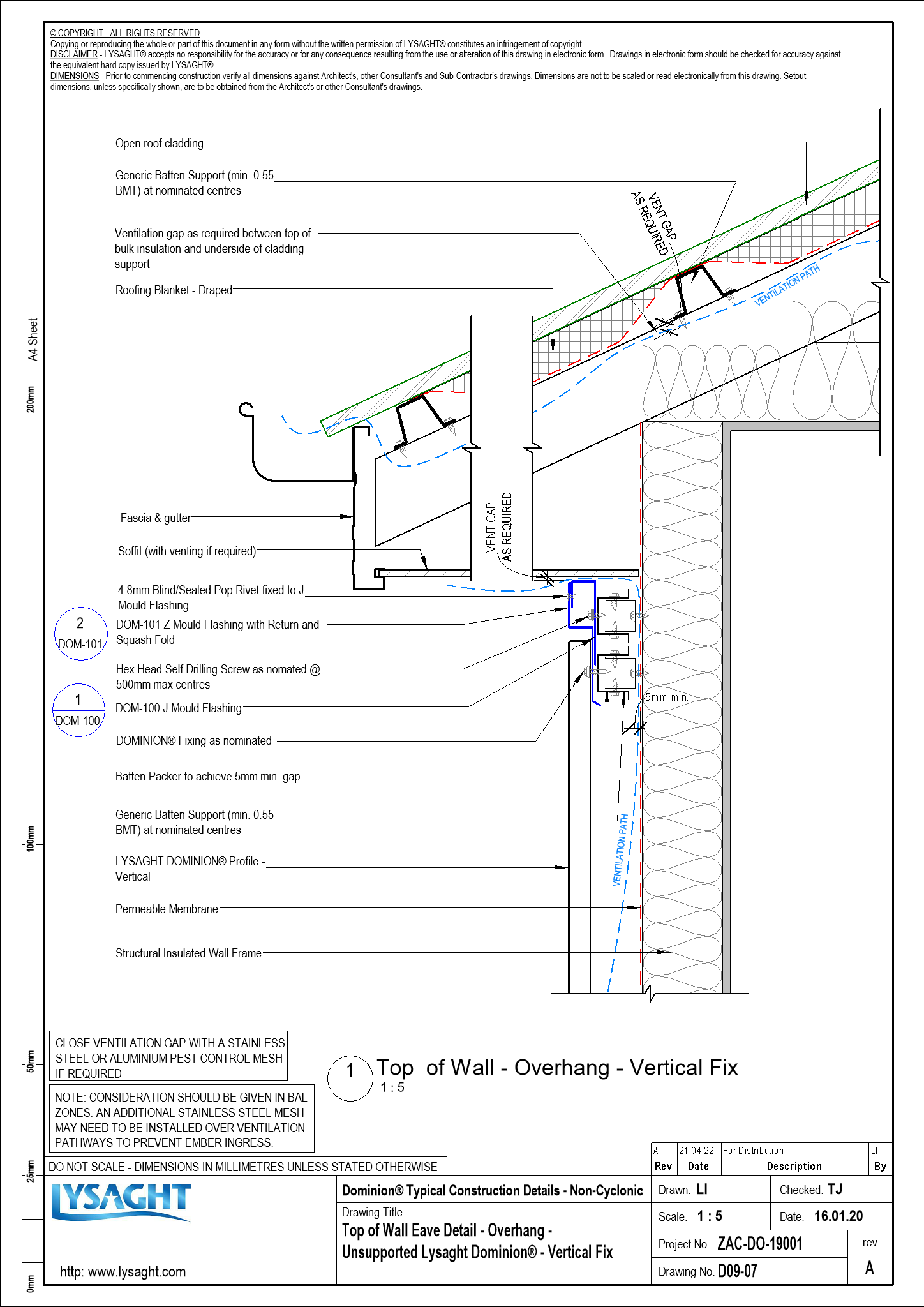 D09-07 - Top of Wall Eave Detail - Overhang - Unsupported Lysaght ...