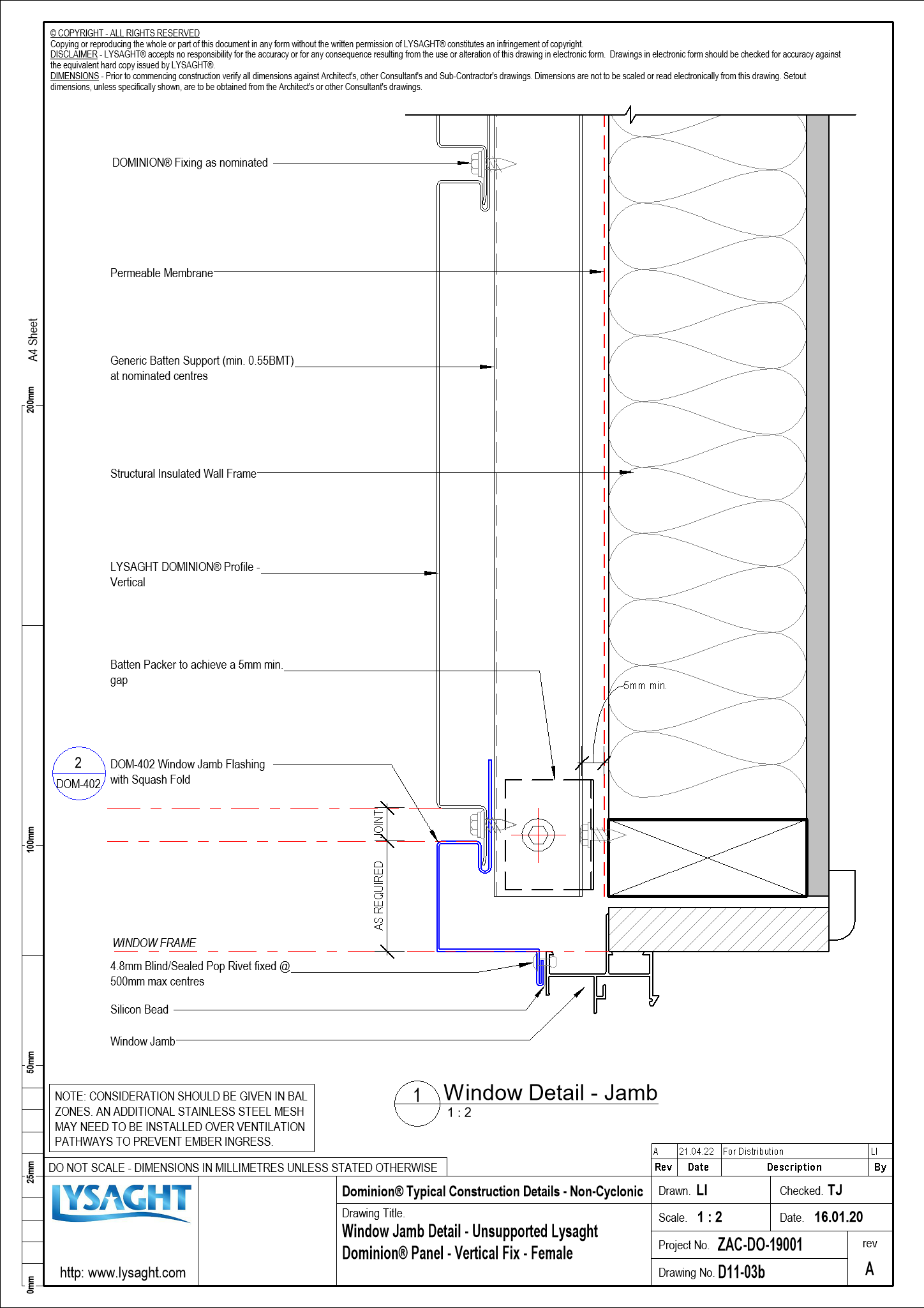 D11-03b - Window Jamb Detail - Unsupported Lysaght Dominion® Panel ...