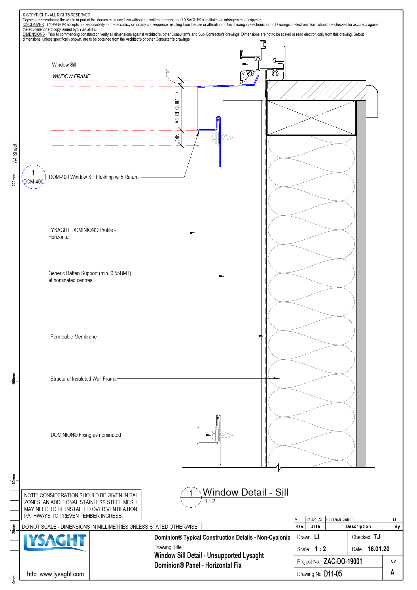 D11-05 - Window Sill Detail - Unsupported Lysaght Dominion® Panel ...