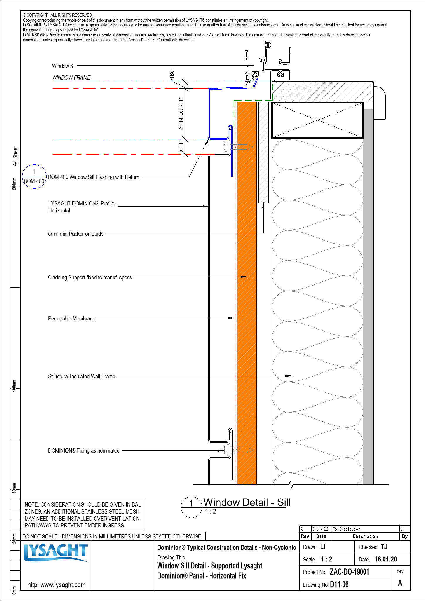 D11-06 - Window Sill Detail - Supported Lysaght Dominion® Panel ...