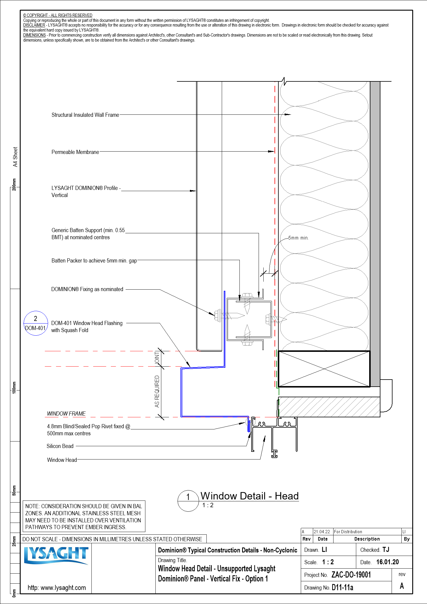 D11-11a - Window Head Detail - Unsupported Lysaght Dominion® Panel ...