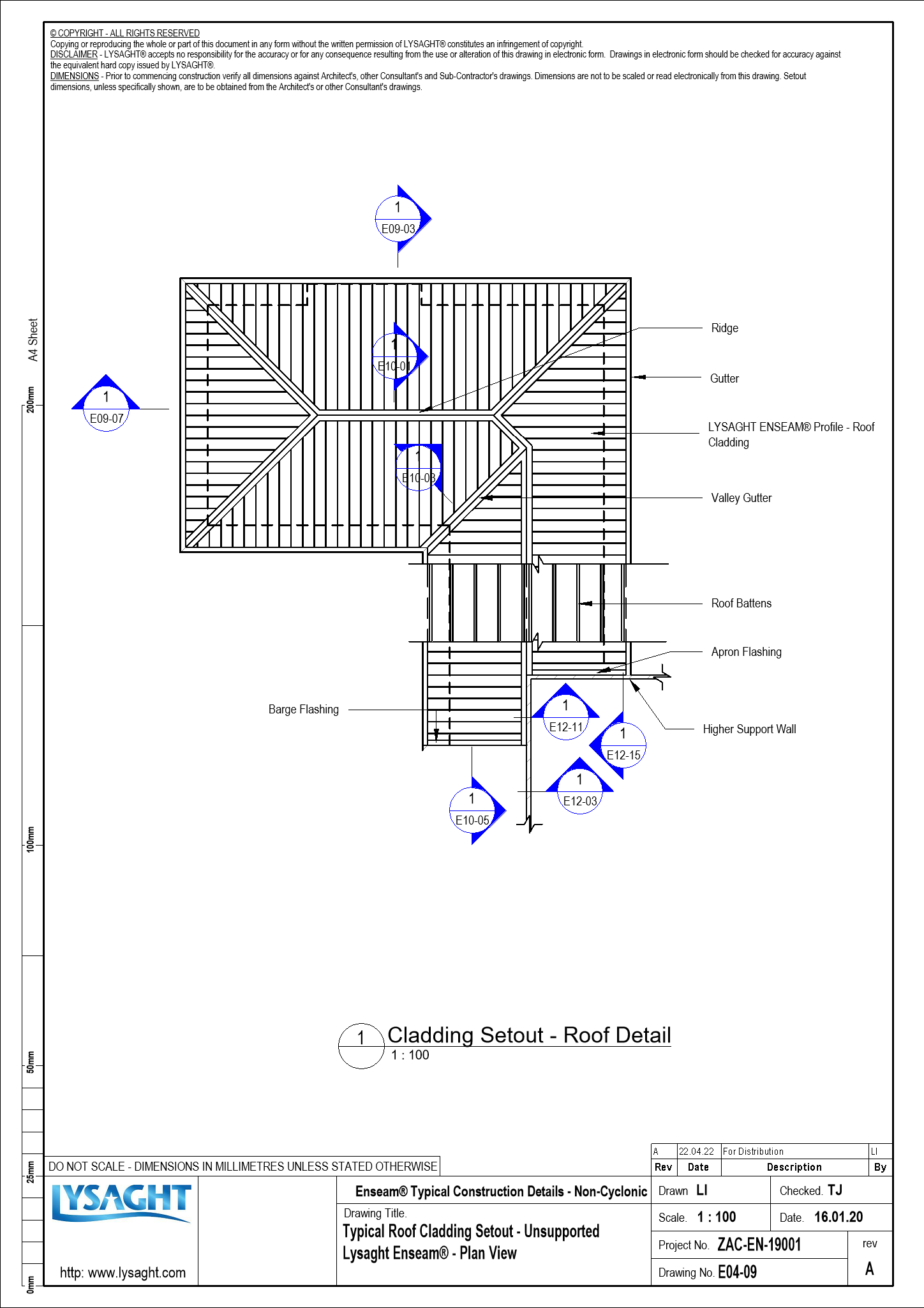 E04-09 - Typical Roof Cladding Setout - Unsupported Lysaght Enseam ...