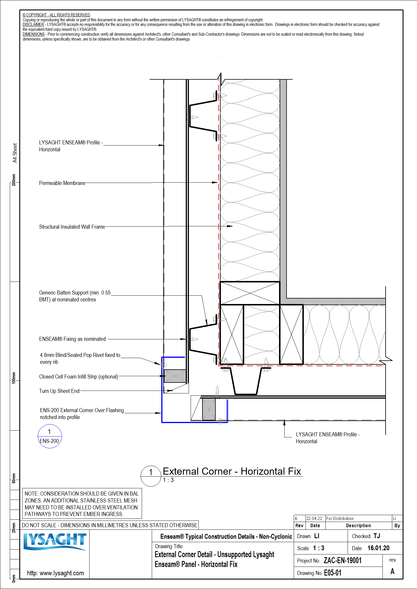 E05-01 - External Corner Detail - Unsupported Lysaght Enseam® Panel ...