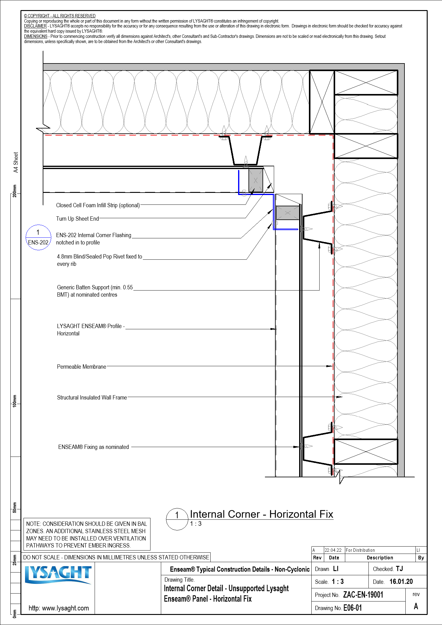 E06-01 - Internal Corner Detail - Unsupported Lysaght Enseam® Panel ...