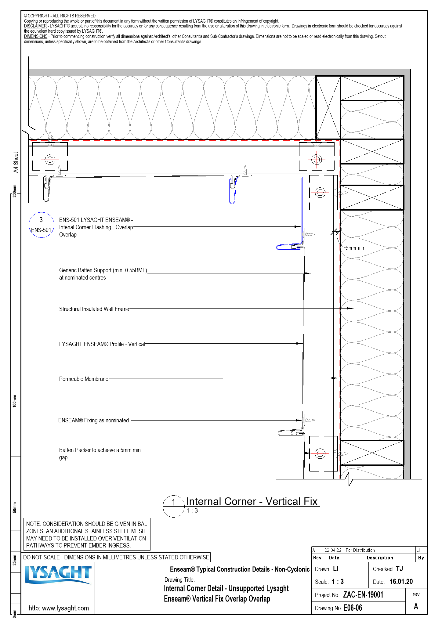 E06-06 - Internal Corner Detail - Unsupported Lysaght Enseam® Vertical ...