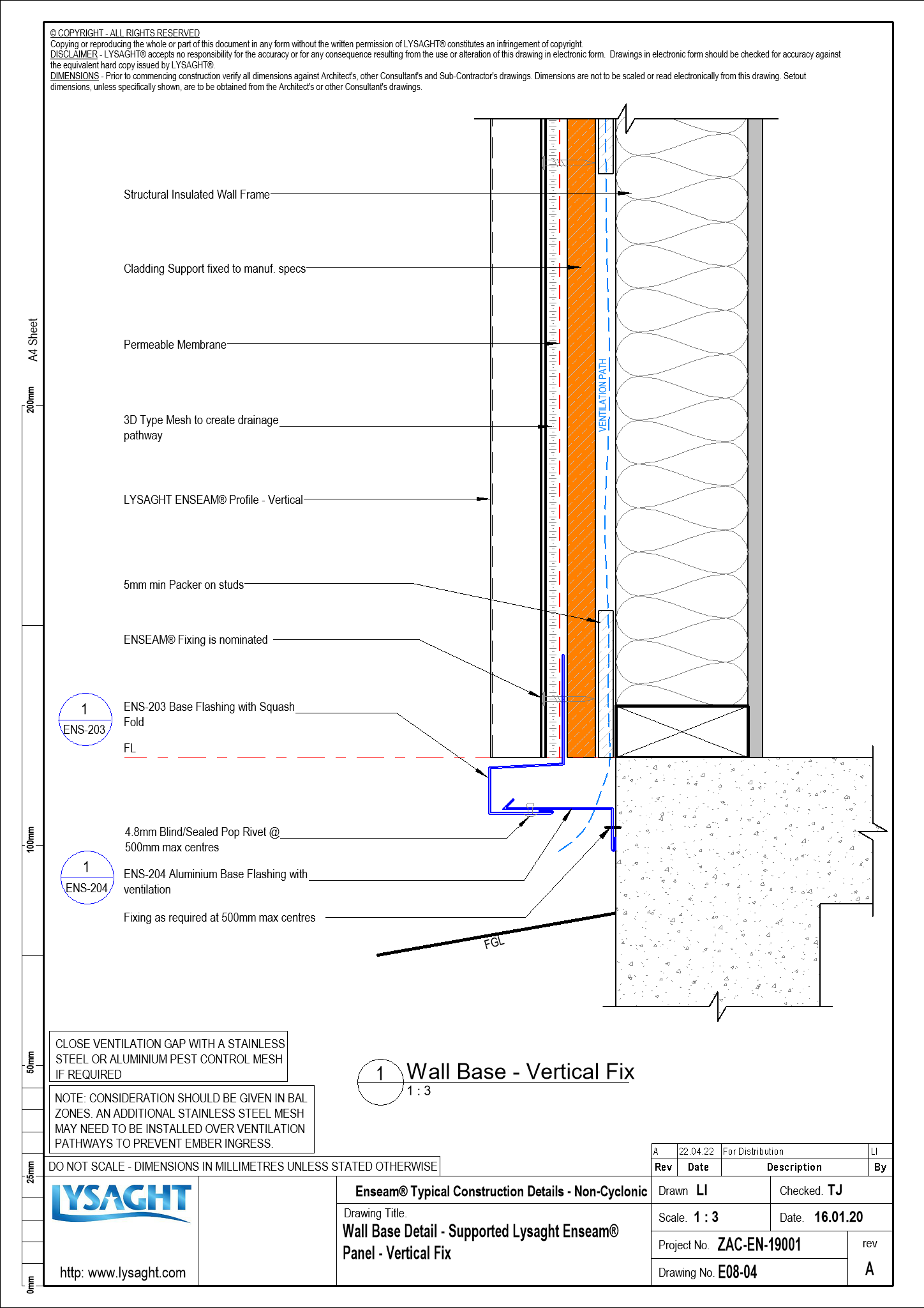 E08-04 - Wall Base Detail - Supported Lysaght Enseam® Panel - Vertical ...