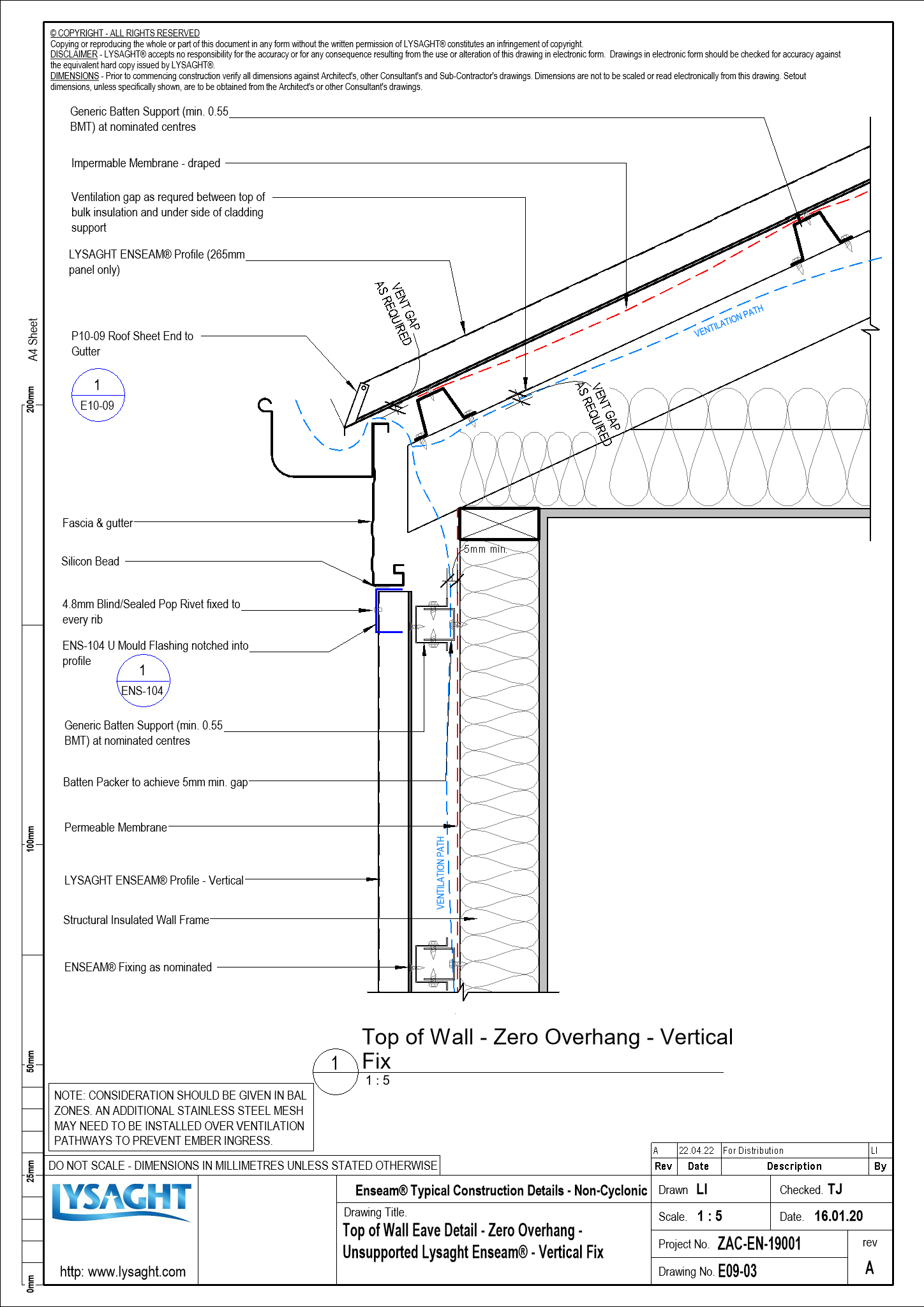 E09-03 - Top of Wall Eave Detail - Zero Overhang - Unsupported Lysaght ...