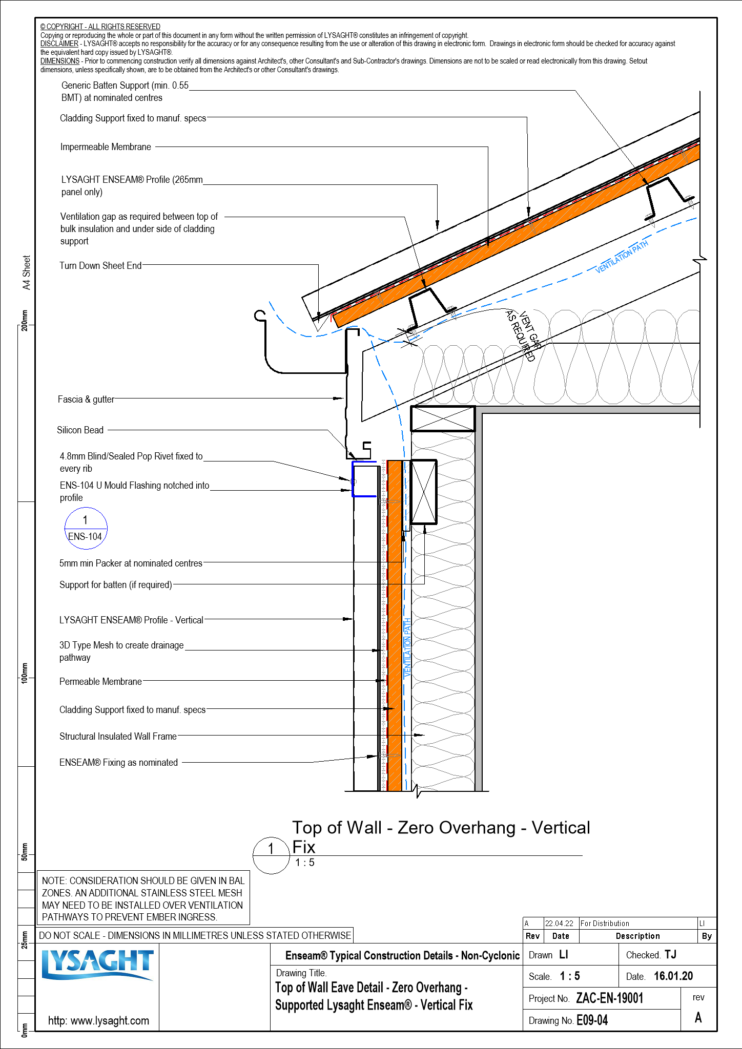 E09-04 - Top of Wall Eave Detail - Zero Overhang - Supported Lysaght ...