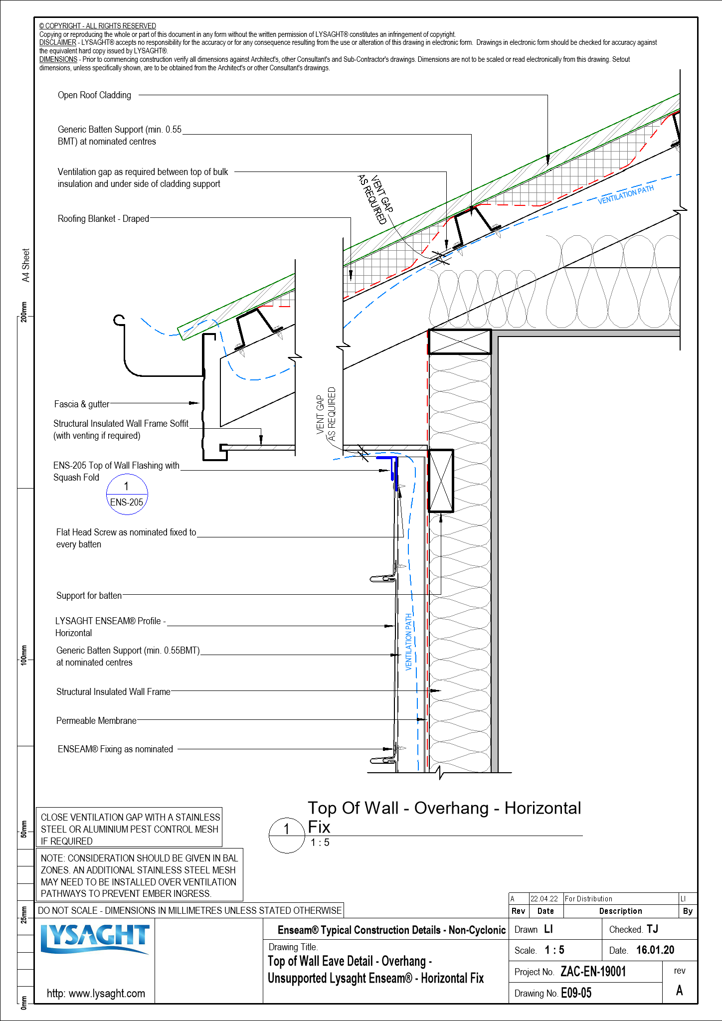 E09-05 - Top of Wall Eave Detail - Overhang - Unsupported Lysaght ...