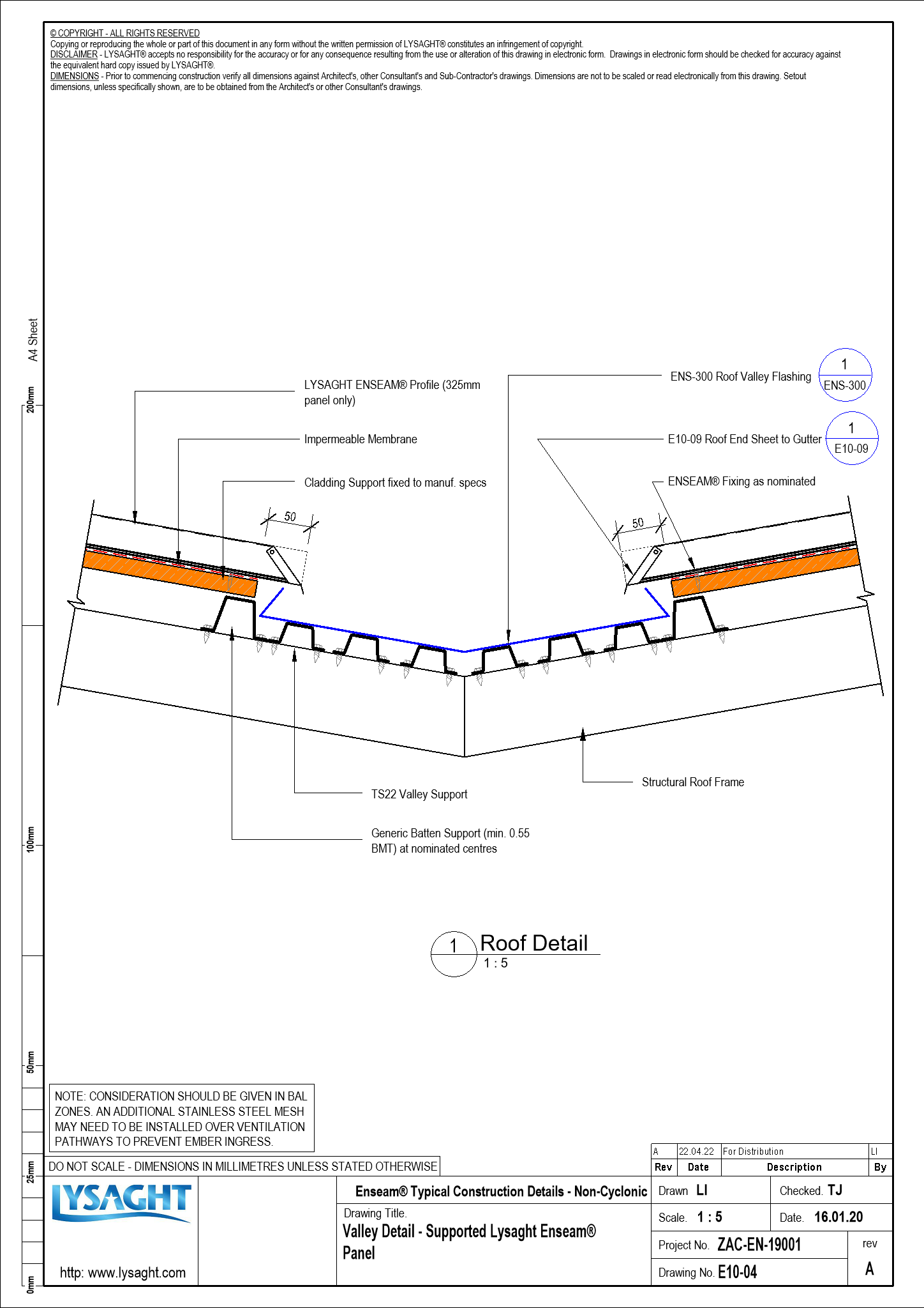 E10-04 - Valley Detail - Supported Lysaght Enseam® Panel - BIMcontent.com