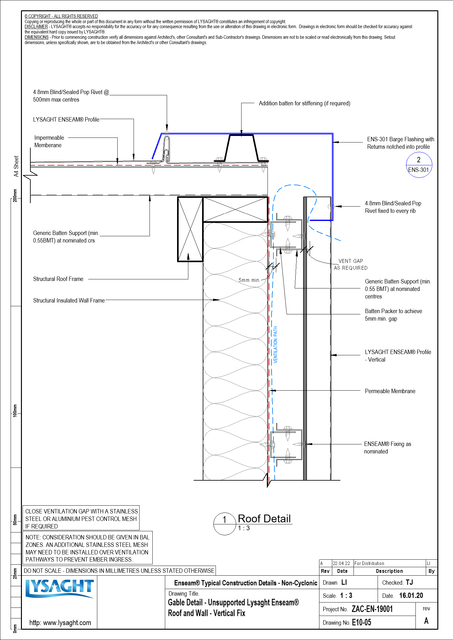 E10-05 - Gable Detail - Unsupported Lysaght Enseam® Roof and Wall ...