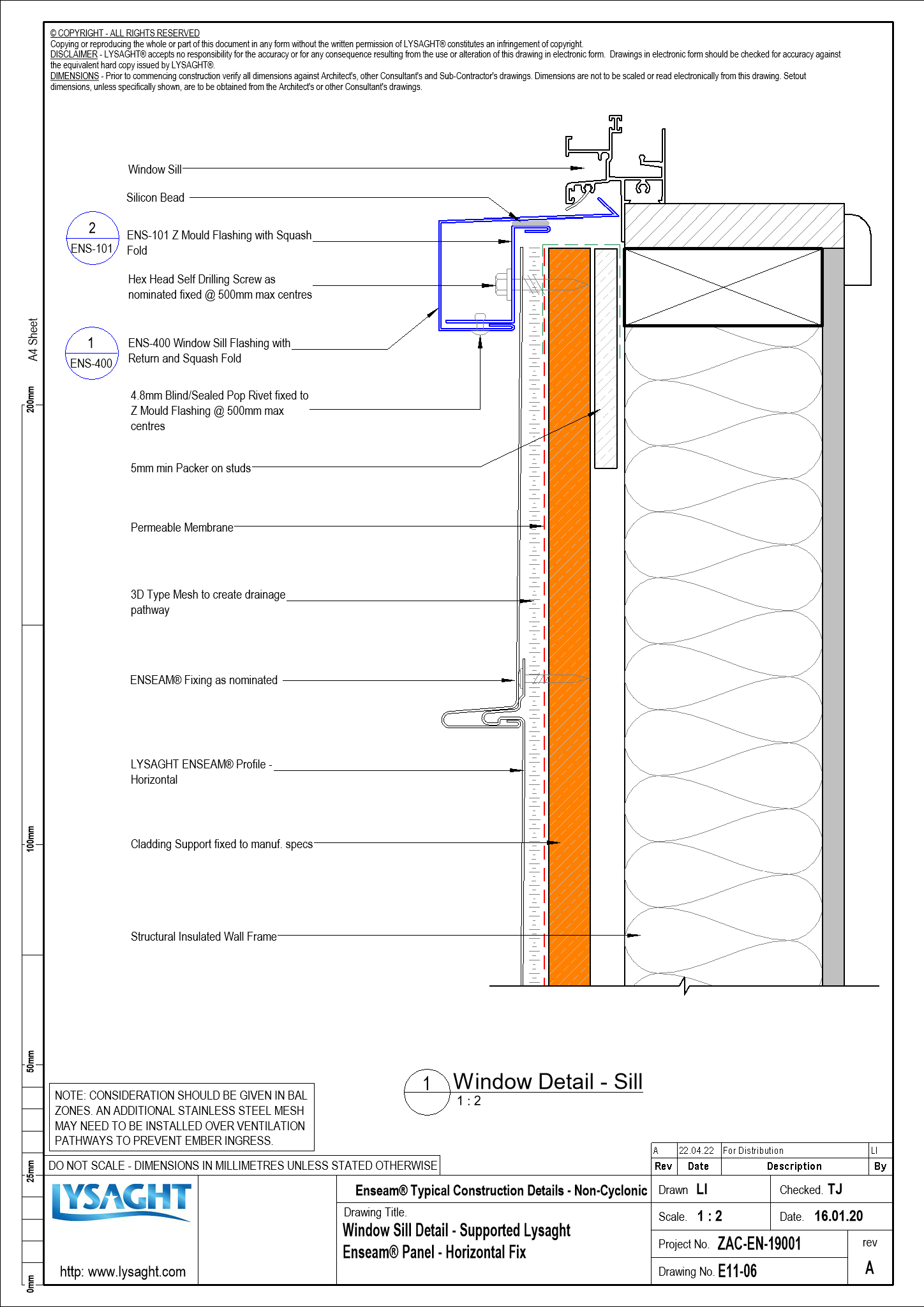 E11-06 - Window Sill Detail - Supported Lysaght Enseam® Panel ...