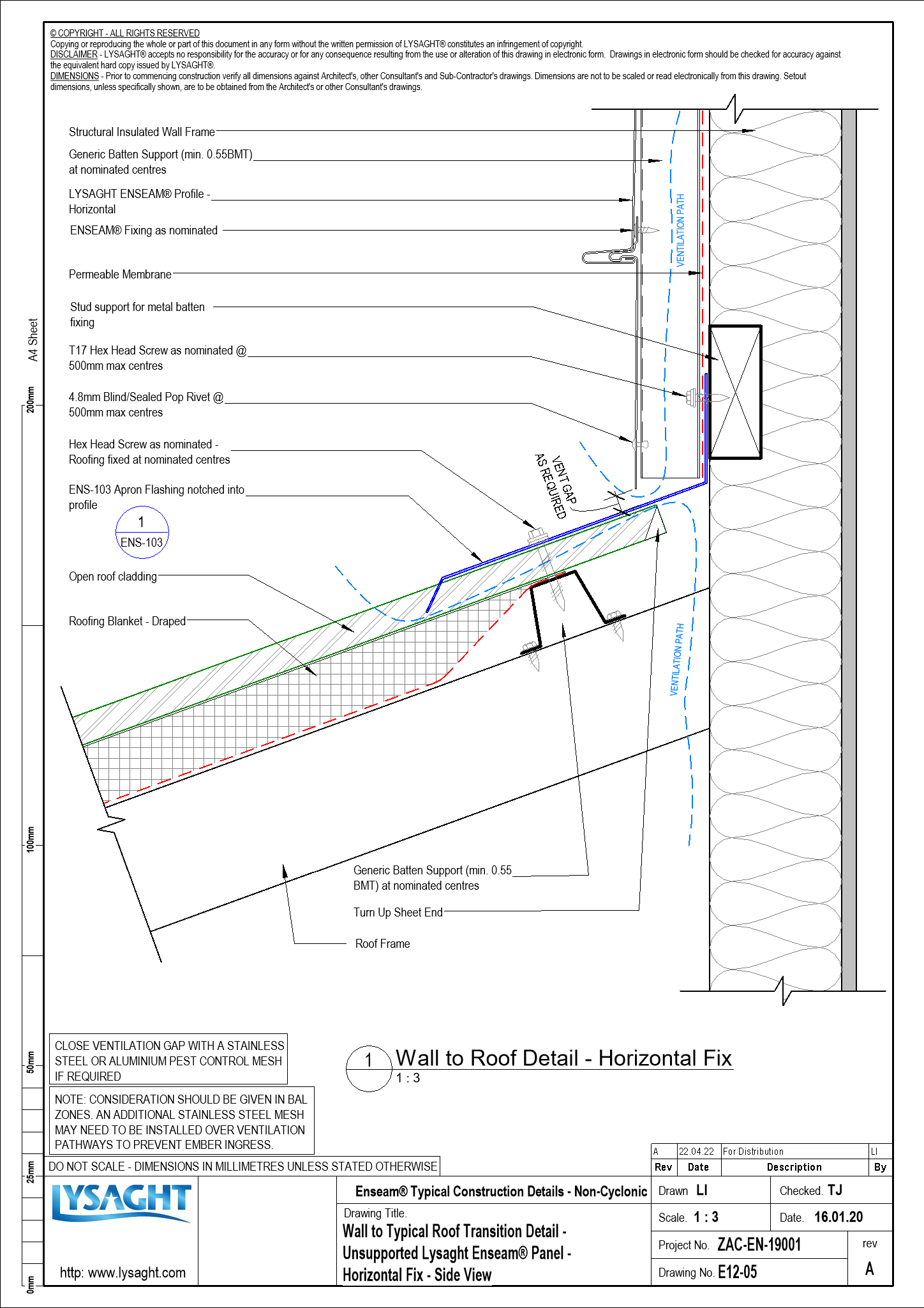 E12-05 - Wall to Typical Roof Transition Detail - Unsupported Lysaght ...
