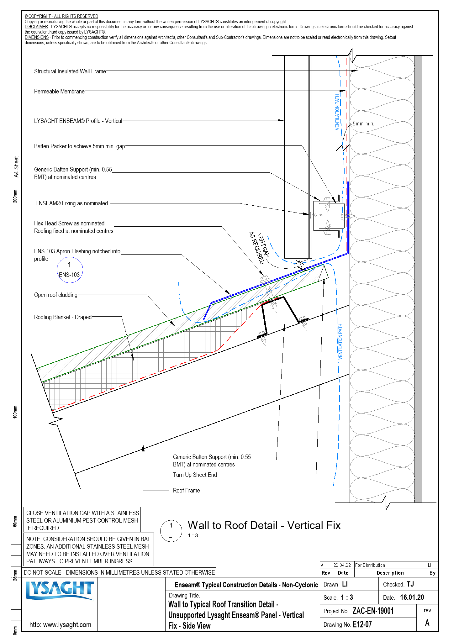 E12-07 - Wall to Typical Roof Transition Detail - Unsupported Lysaght ...