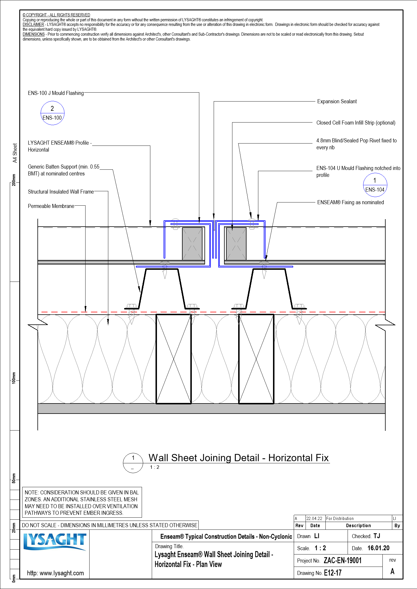 E12-17 - Lysaght Enseam® Wall Sheet Joining Detail - Horizontal Fix ...