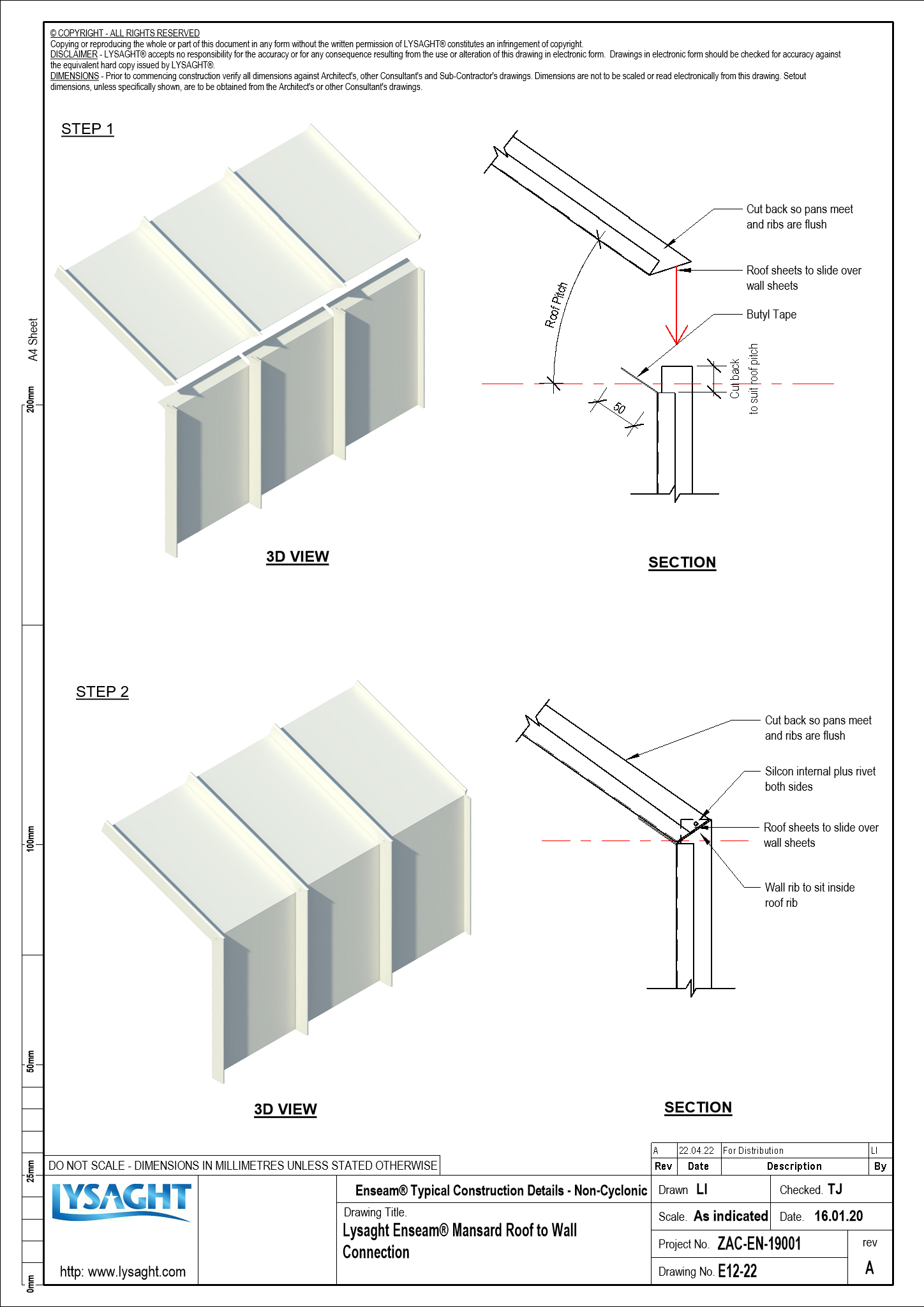 E12-22 - Lysaght Enseam® Mansard Roof to Wall Connection - BIMcontent.com