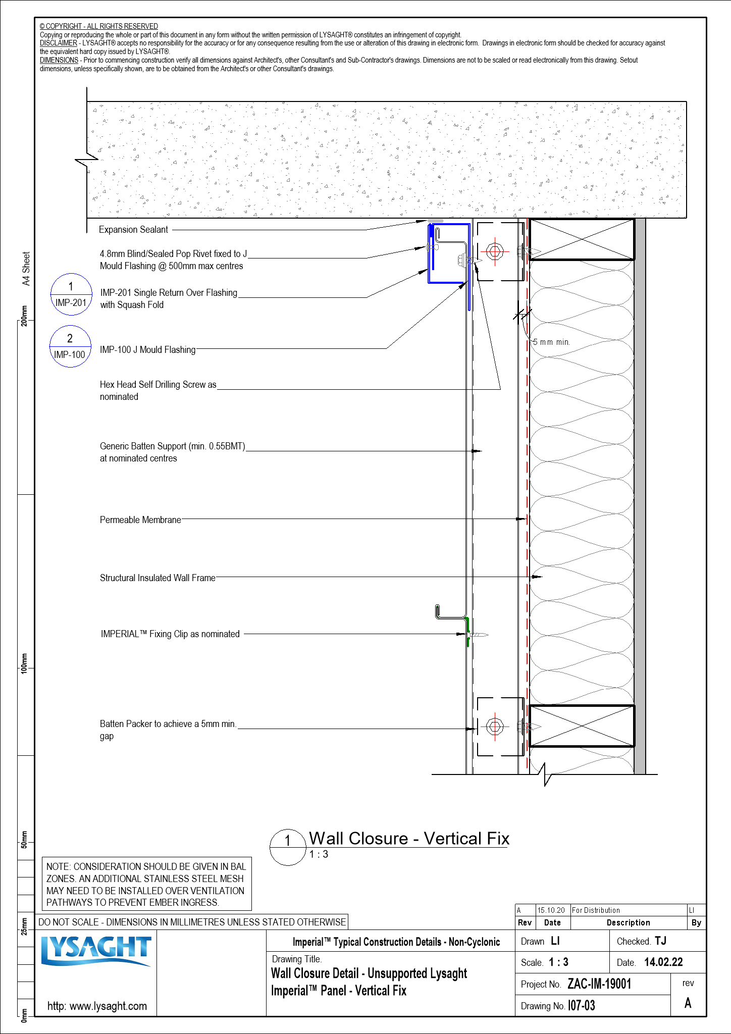 I07-03 - Wall Closure Detail - Unsupported Lysaght Imperial™ Panel ...
