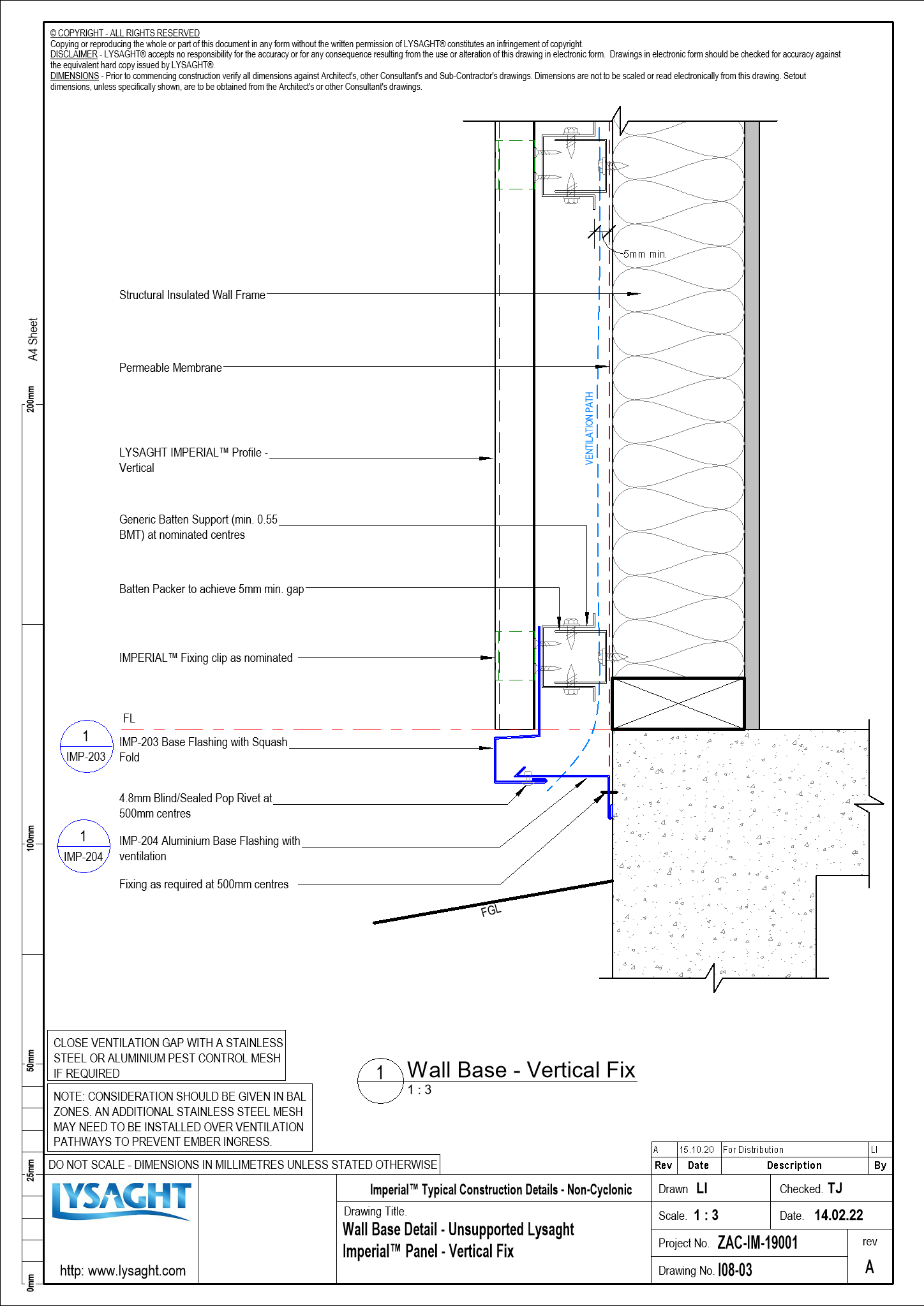 I08-03 - Wall Base Detail - Unsupported Lysaght Imperial™ Panel ...