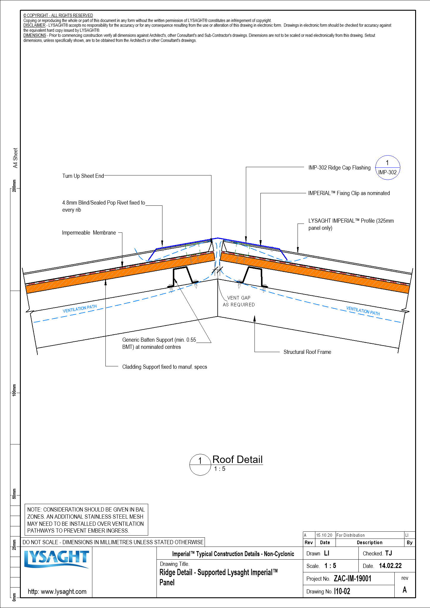I10-02 - Ridge Detail - Supported Lysaght Imperial™ Panel - BIMcontent.com