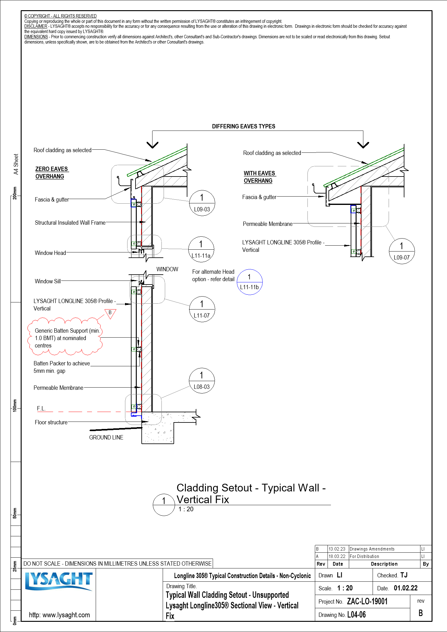L04-06 - Typical Wall Cladding Setout - Unsupported Lysaght Longline305 ...