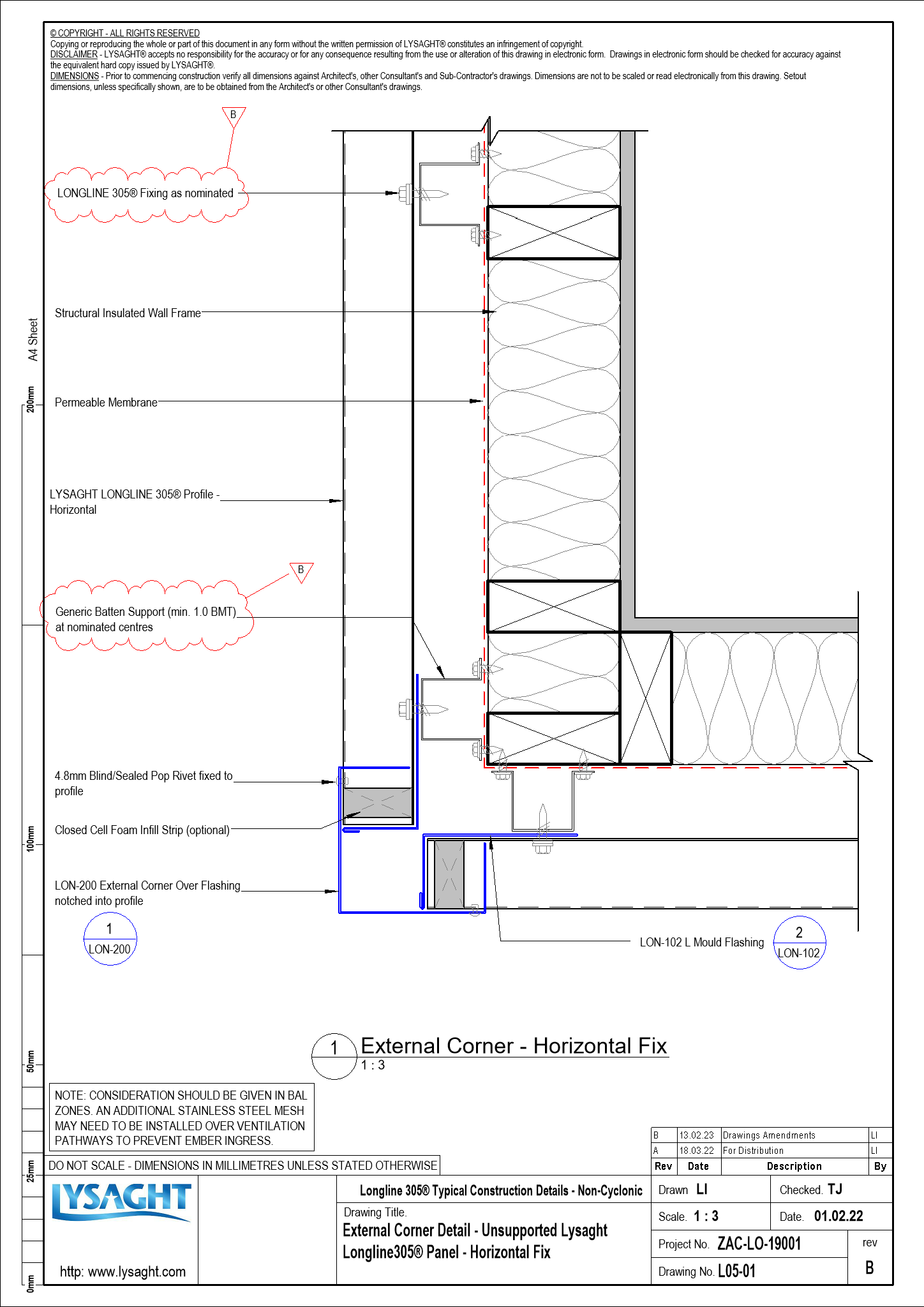 L05-01 - External Corner Detail - Unsupported Lysaght Longline305 ...