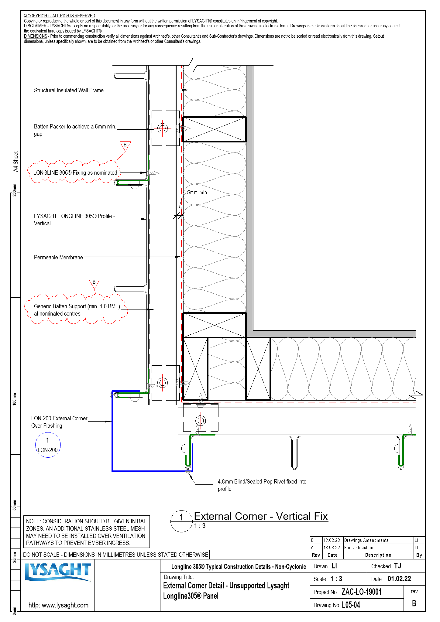 L05-04 - External Corner Detail - Unsupported Lysaght Longline305 ...