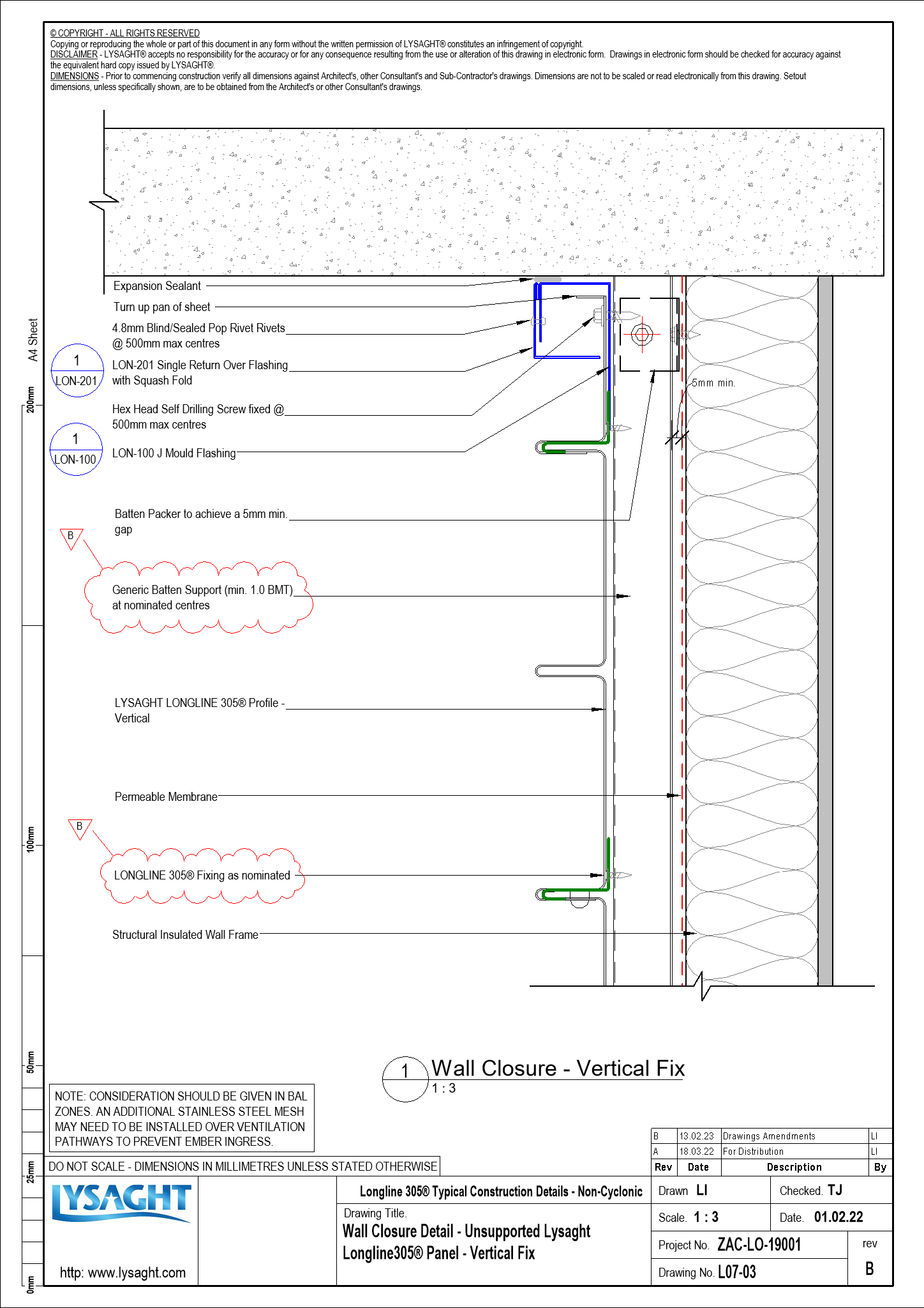 L07-03 - Wall Closure Detail - Unsupported Lysaght Longline305® Panel ...