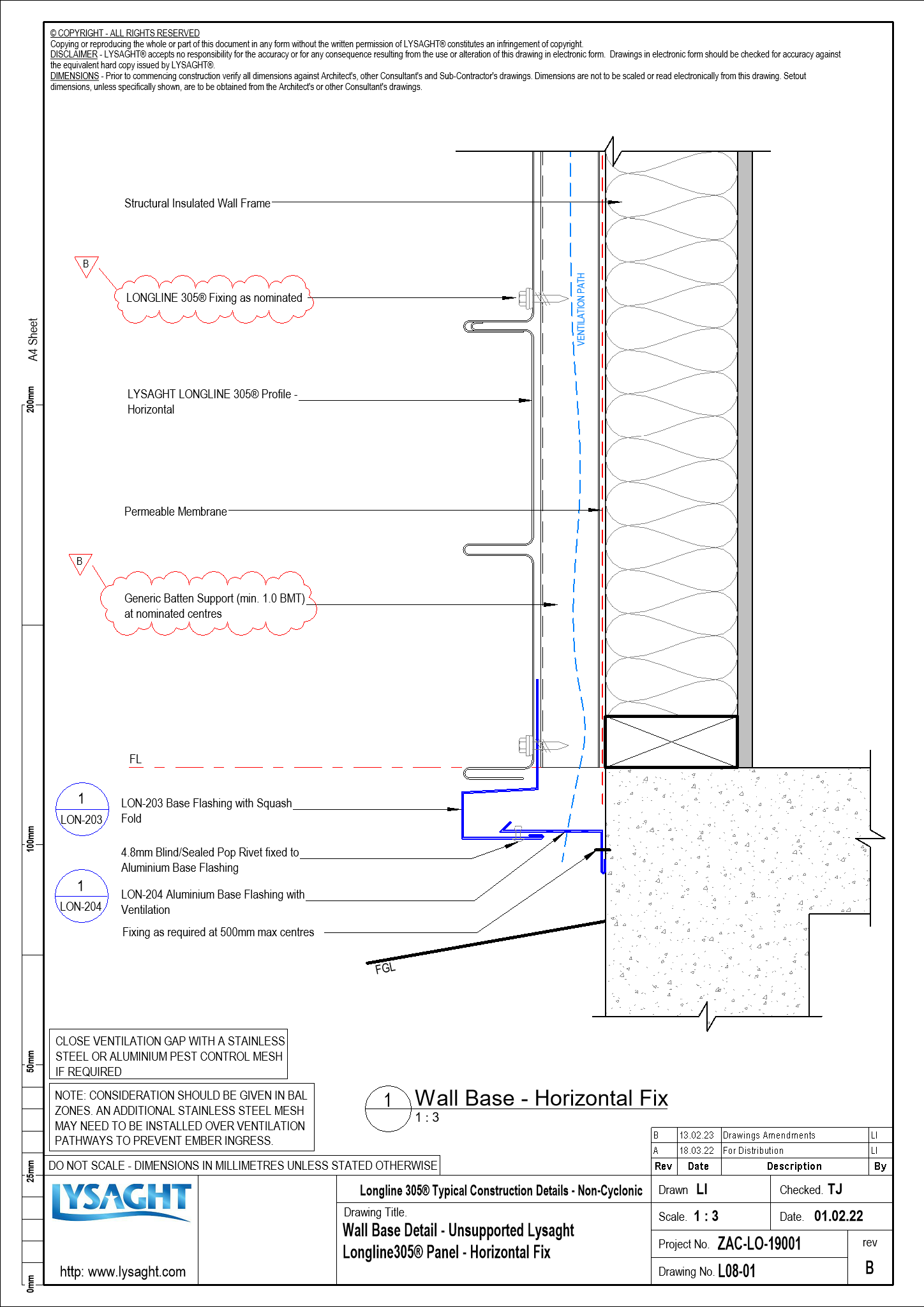 L08-01 - Wall Base Detail - Unsupported Lysaght Longline305® Panel ...