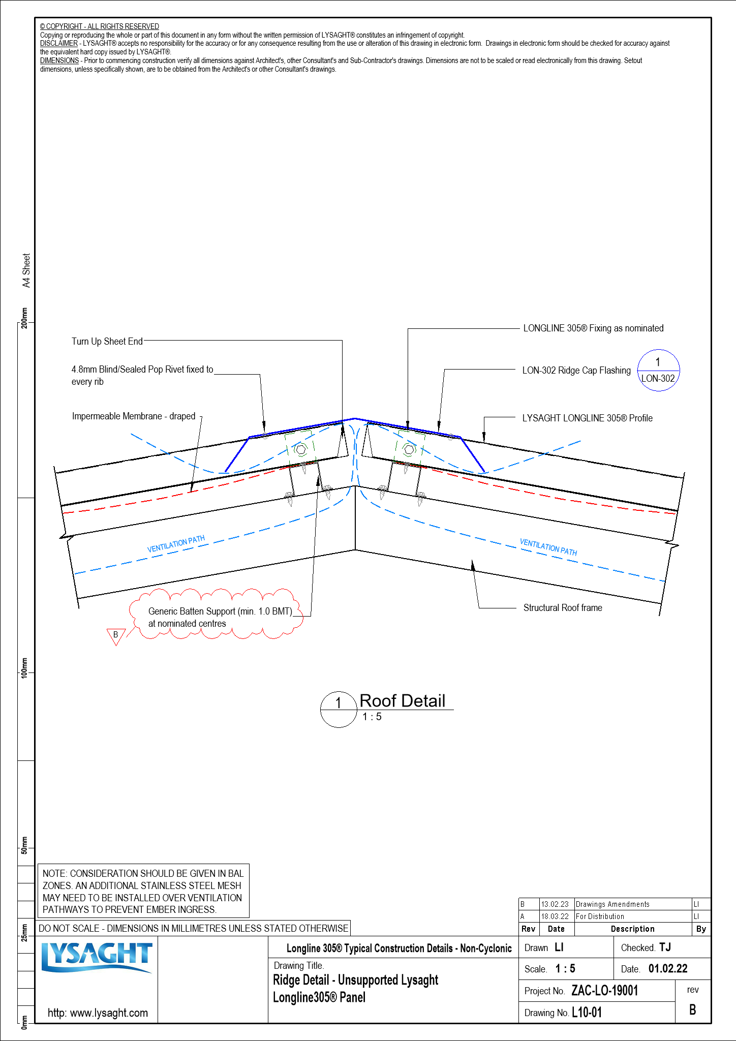 L10-01 - Ridge Detail - Unsupported Lysaght Longline305® Panel ...