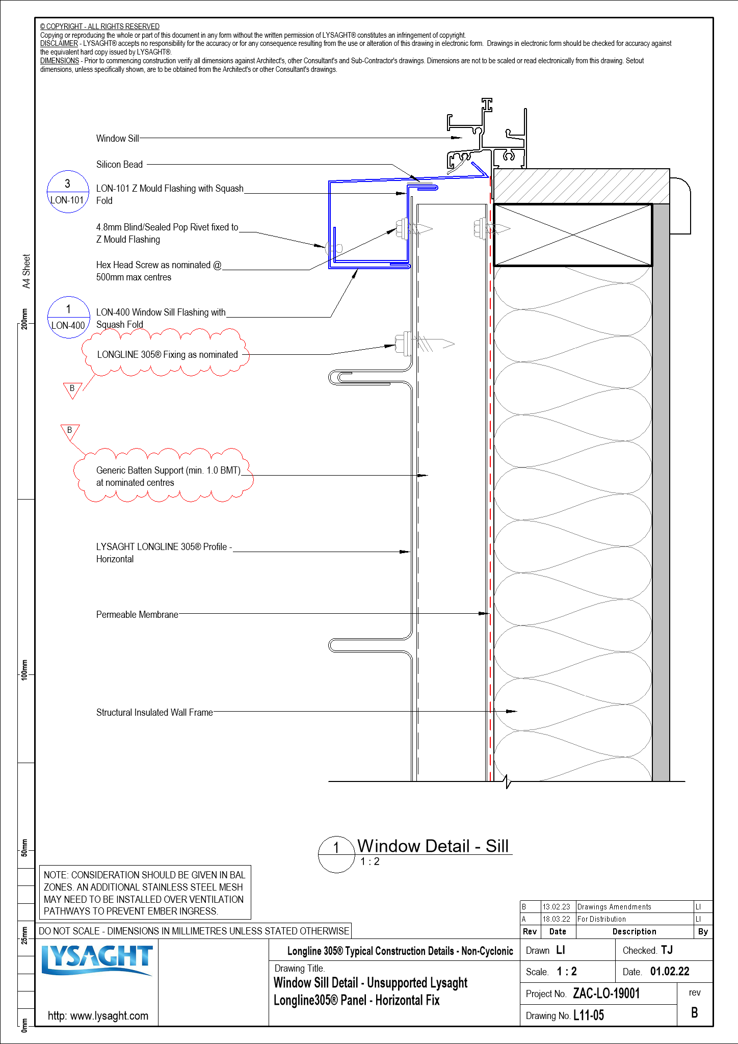 L11-05 - Window Sill Detail - Unsupported Lysaght Longline305® Panel ...