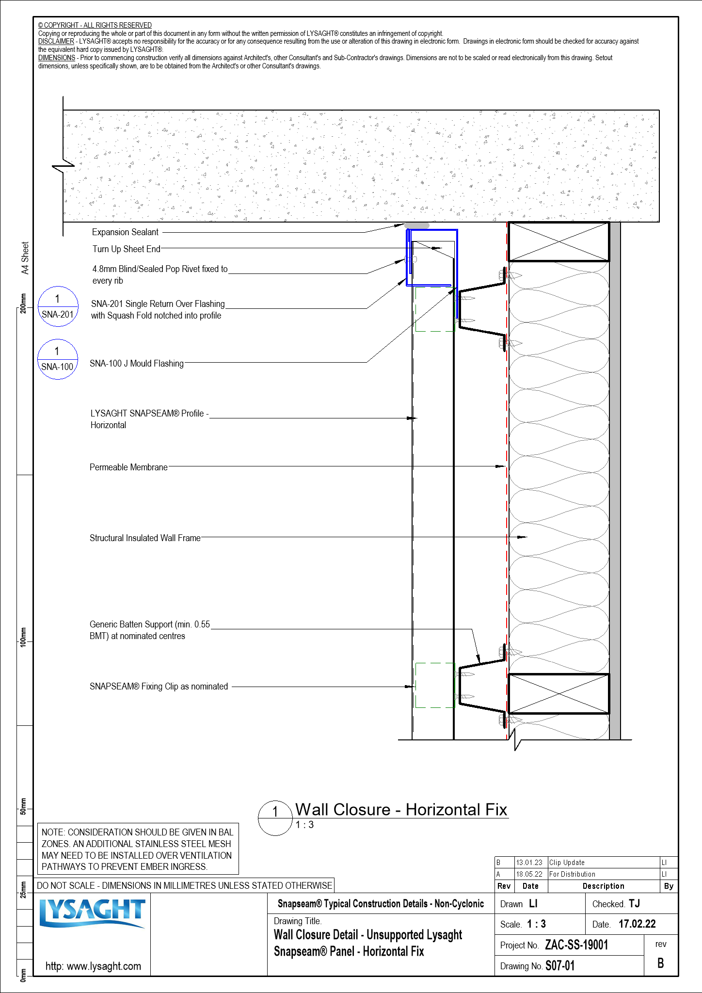 S07-01 - Wall Closure Detail - Unsupported Lysaght Snapseam® Panel ...