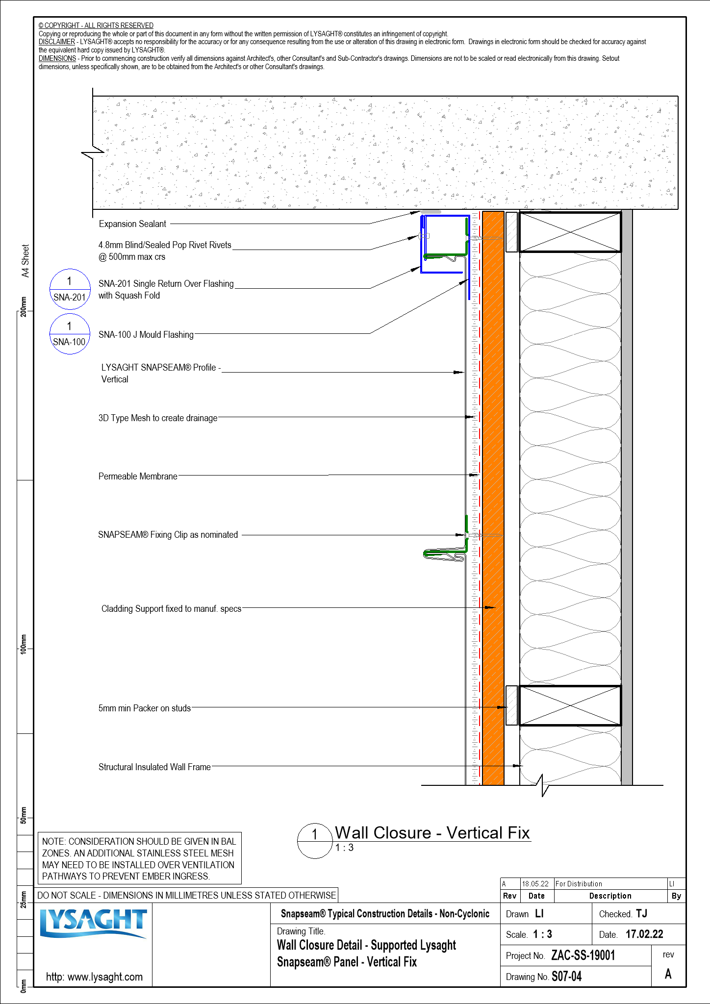S07-04 - Wall Closure Detail - Supported Lysaght Snapseam® Panel ...
