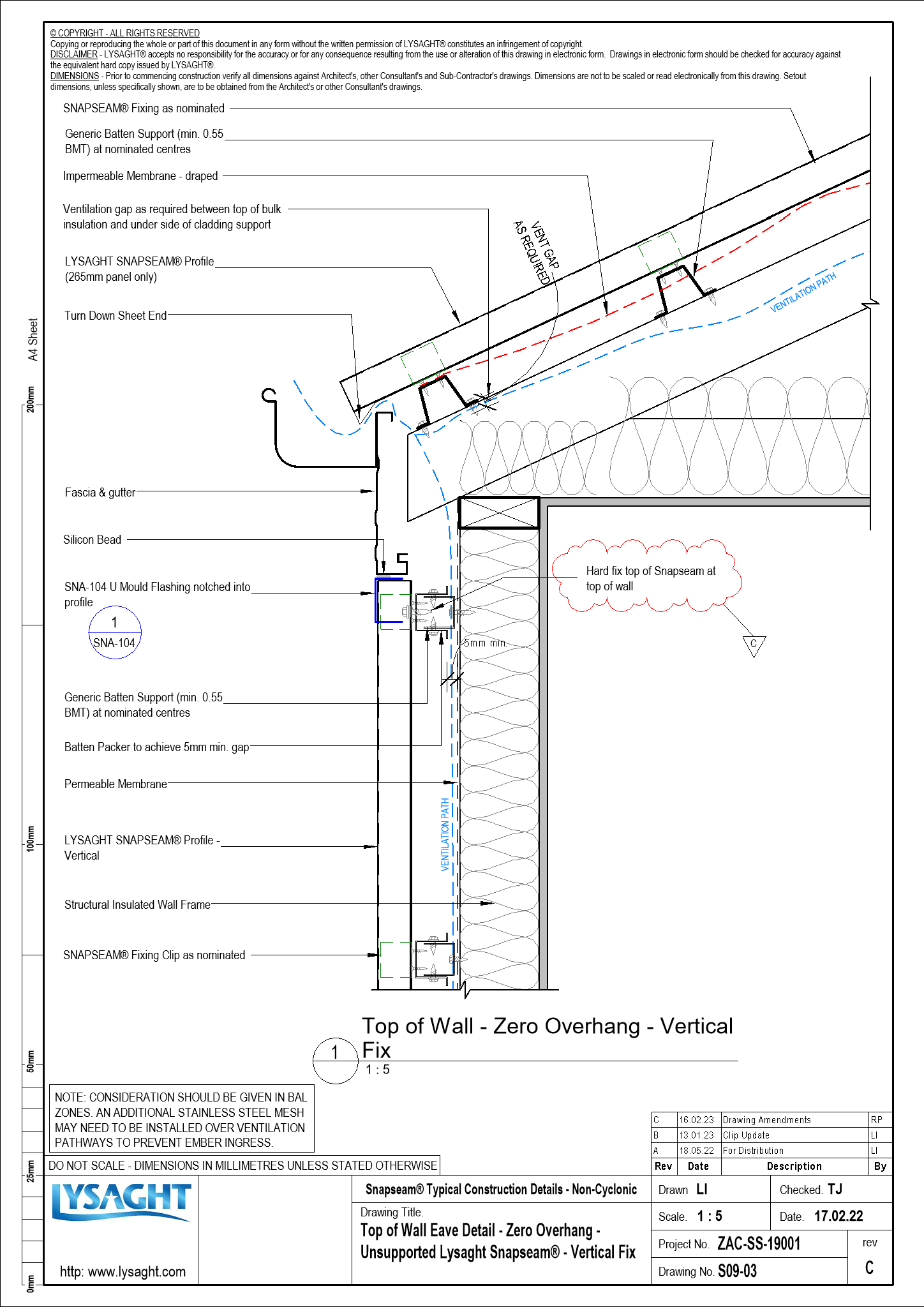 S09-03 - Top of Wall Eave Detail - Zero Overhang - Unsupported Lysaght ...