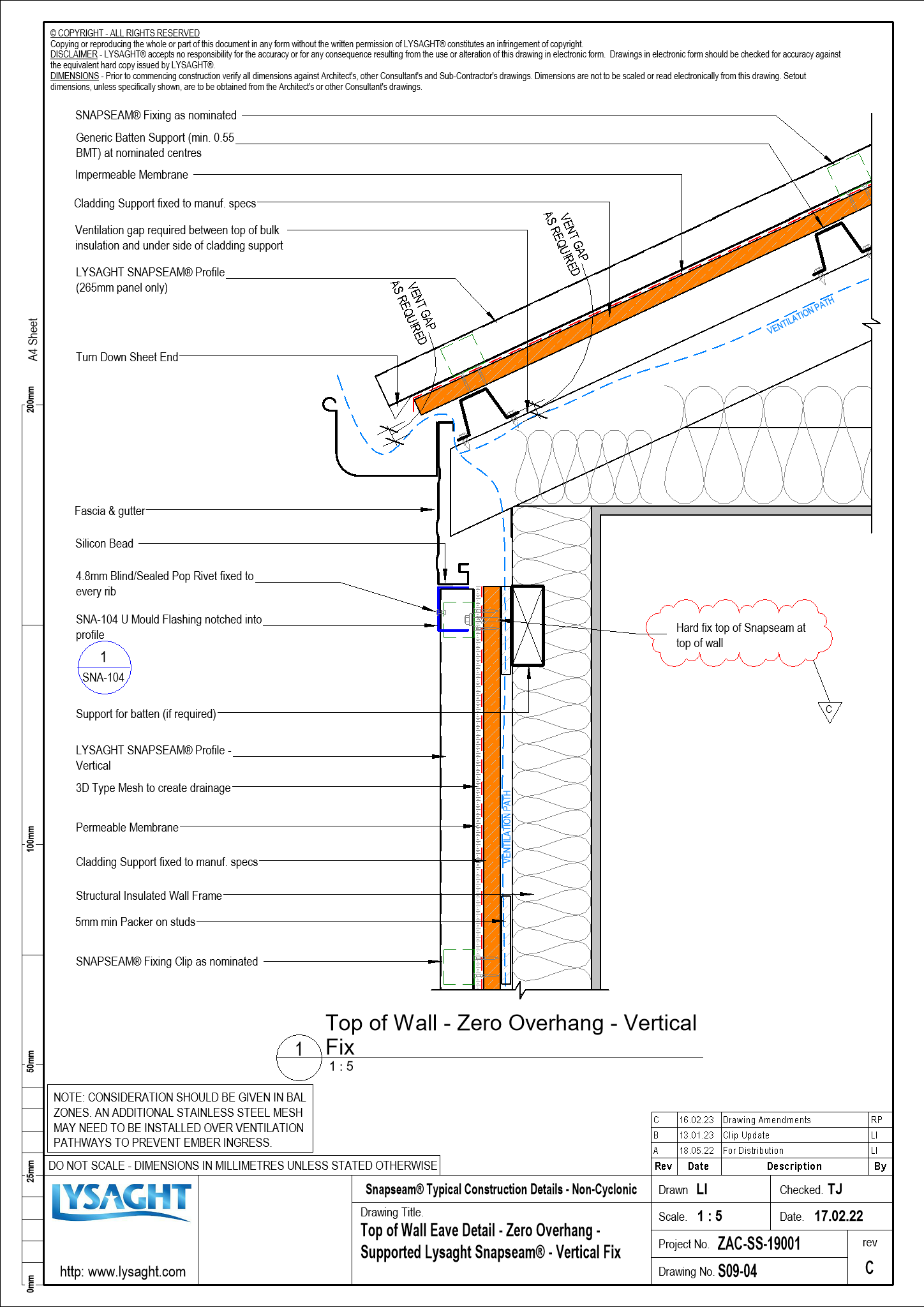 S09-04 - Top of Wall Eave Detail - Zero Overhang - Supported Lysaght ...